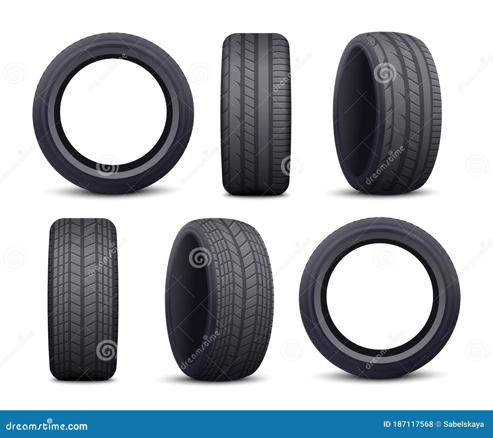 Realistic Black Car Tire Set Isolated on White Background - Front and ...