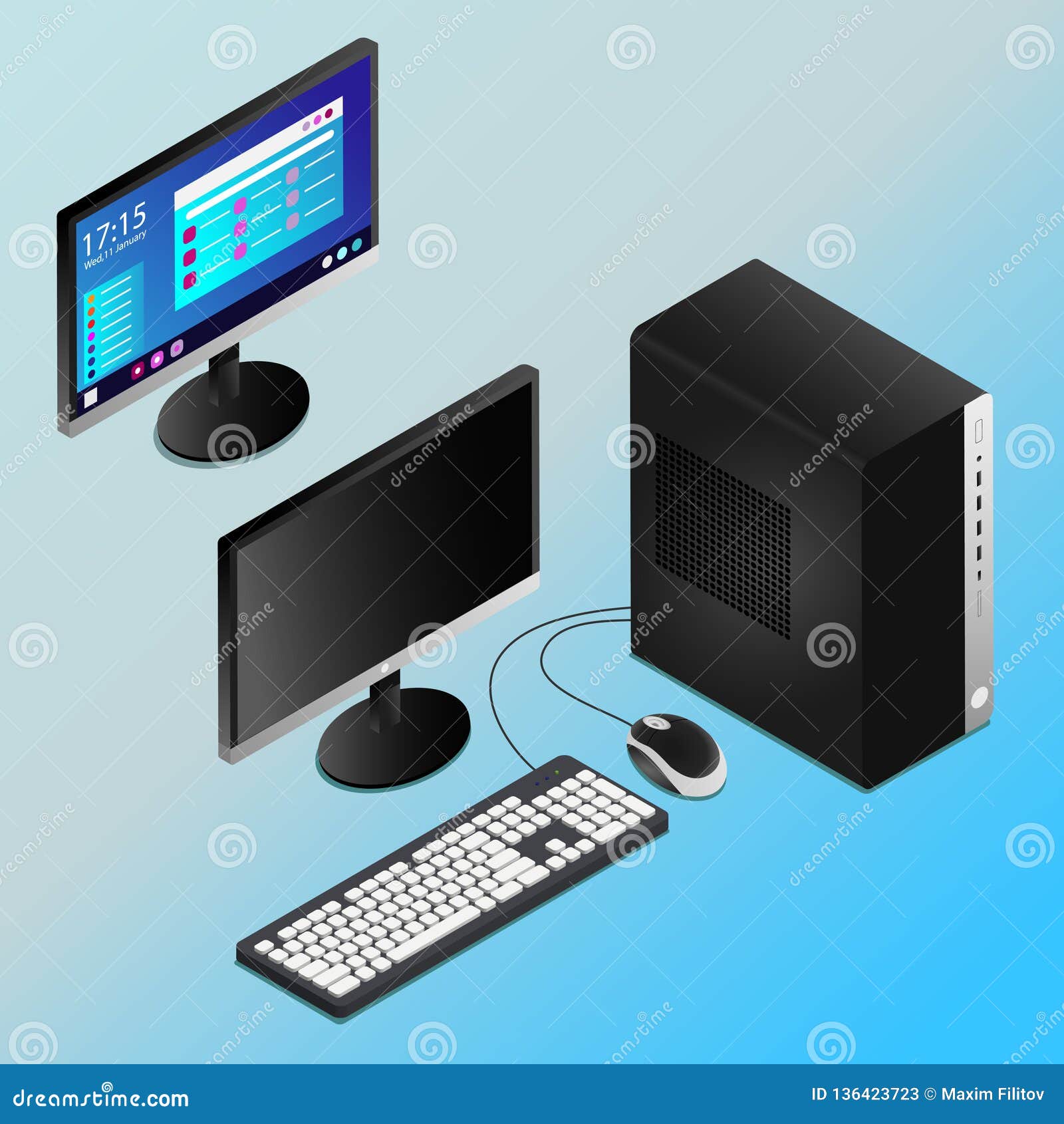 Realistic Black Desktop Pc in Isometry Vector Illustration Stock Vector ...