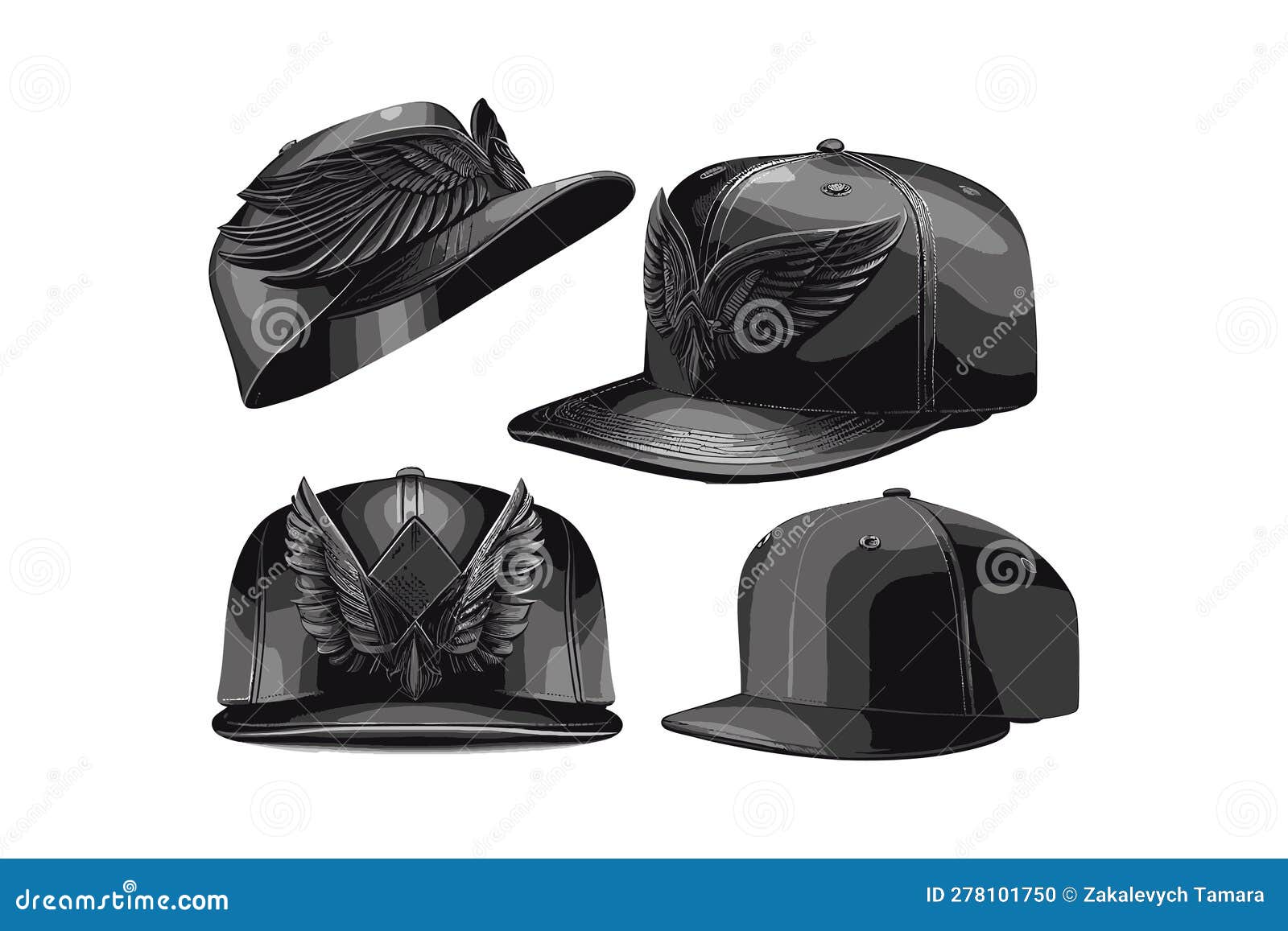 Realistic Black Rap Cap with Straight Visor Set. Vector Illustration ...