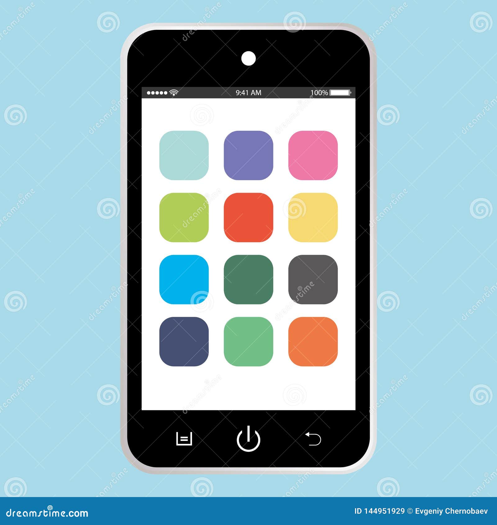 Realistic Black Smartphone with Camera , Menu Buttons, Clock, Battery ...