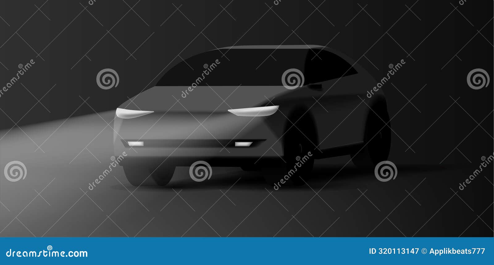 Realistic Black Vector 3D Car Illustration, Dark Night with Headlights ...
