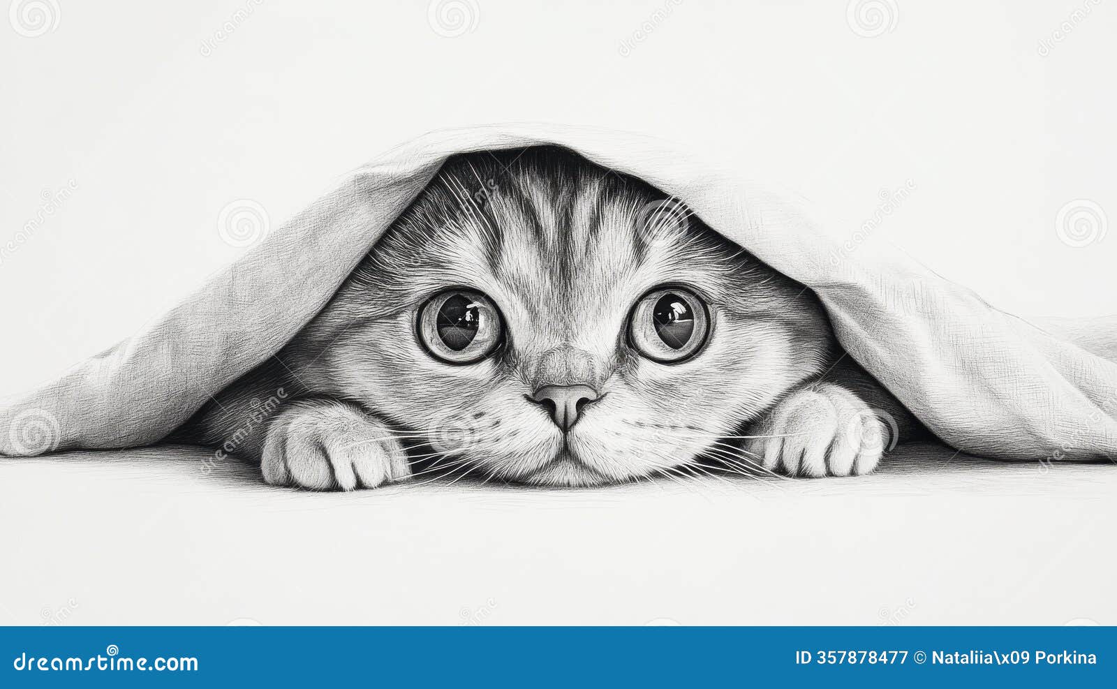 Realistic Black and White Drawing of a Cat Peeking from Under a Blanket ...