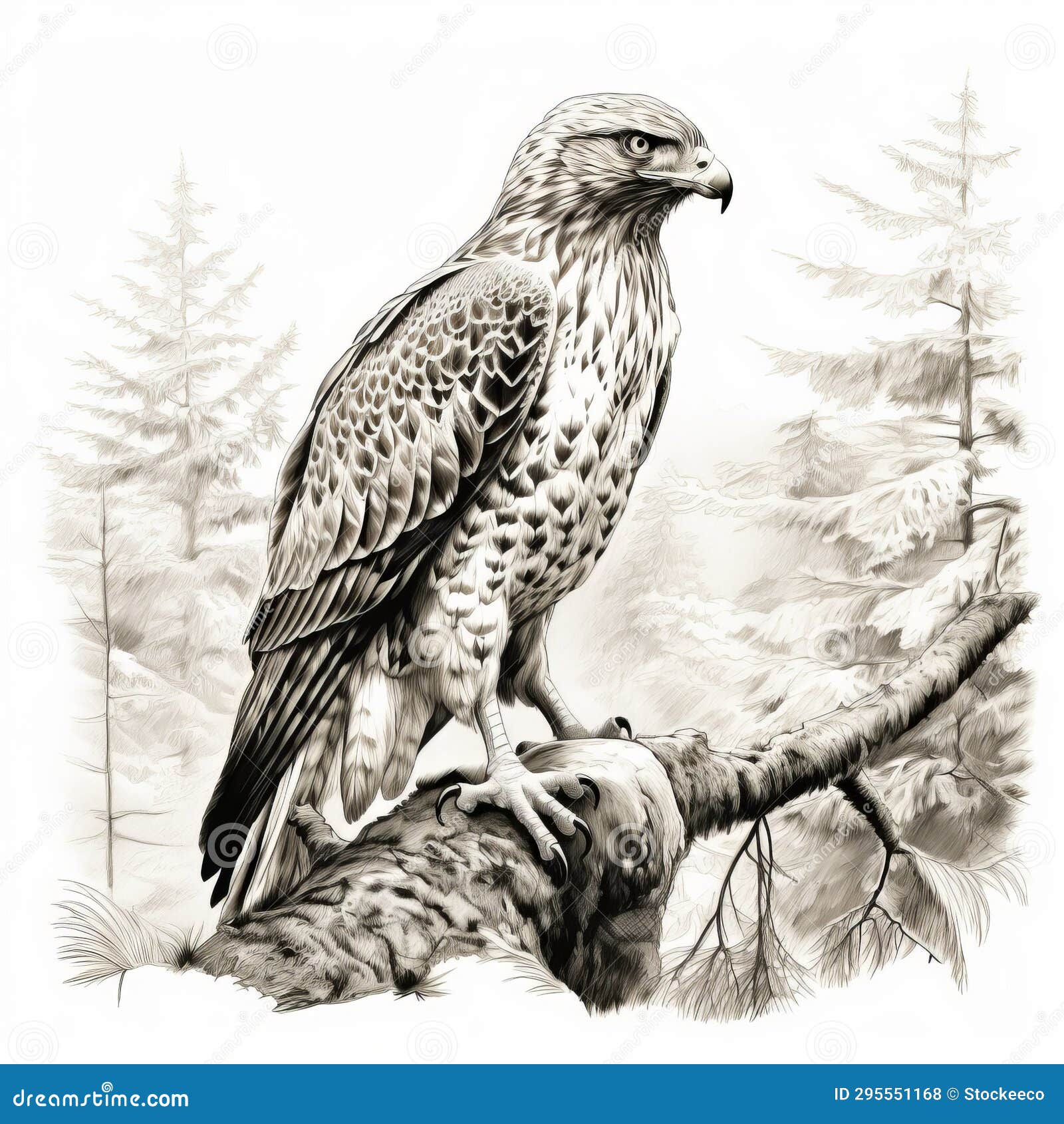 Realistic Black and White Drawing of a Perched Hawk Stock Illustration ...