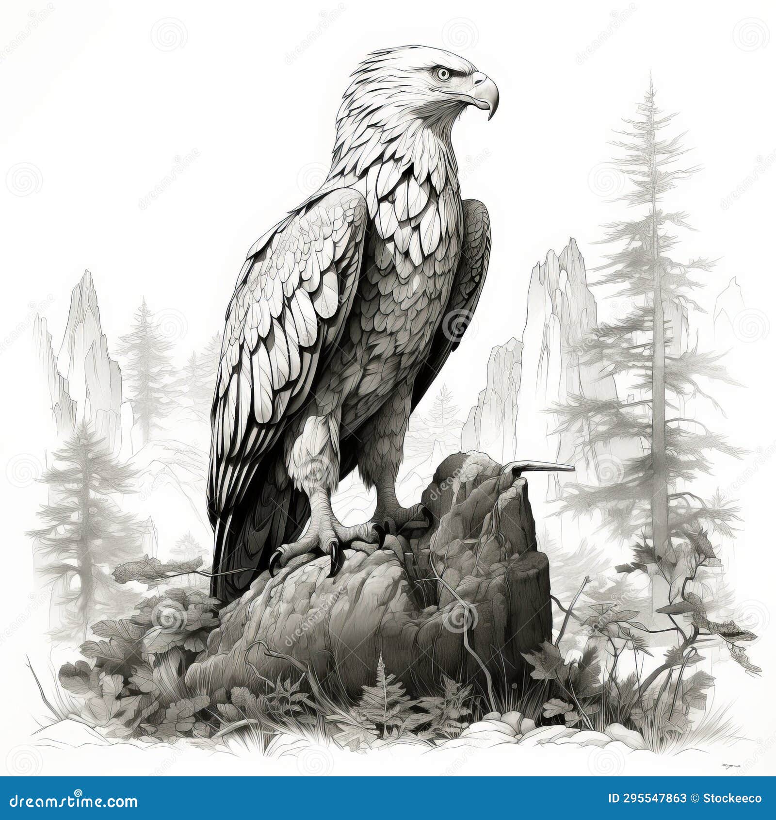 Realistic Black and White Eagle Art on Isolated Rock Stock Illustration ...