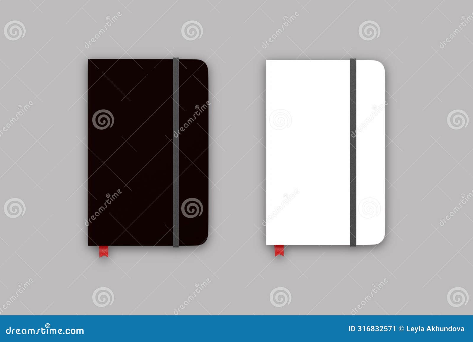 Realistic Black and White Notebook with Rubber Band and Red Bookmark ...