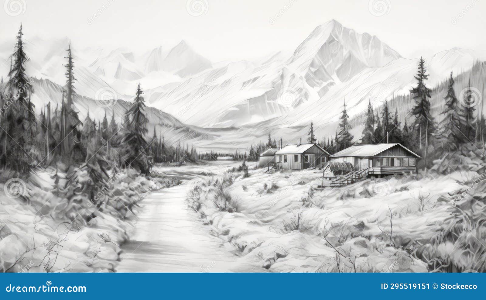 Realistic Black and White Sketch of Denali with 3 Houses Stock ...