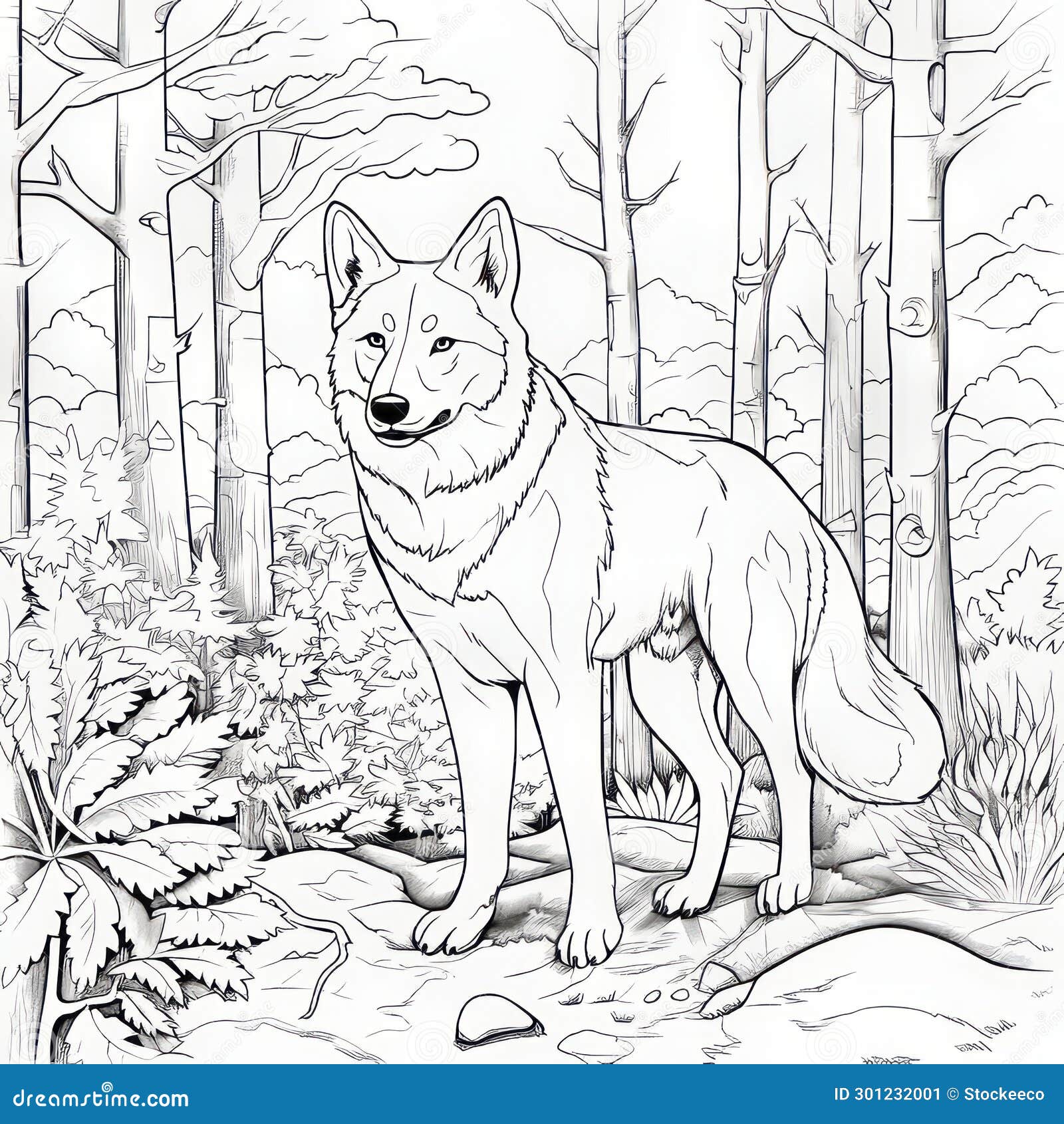 Realistic Black and White Wolf in Forest Coloring Pages Stock ...