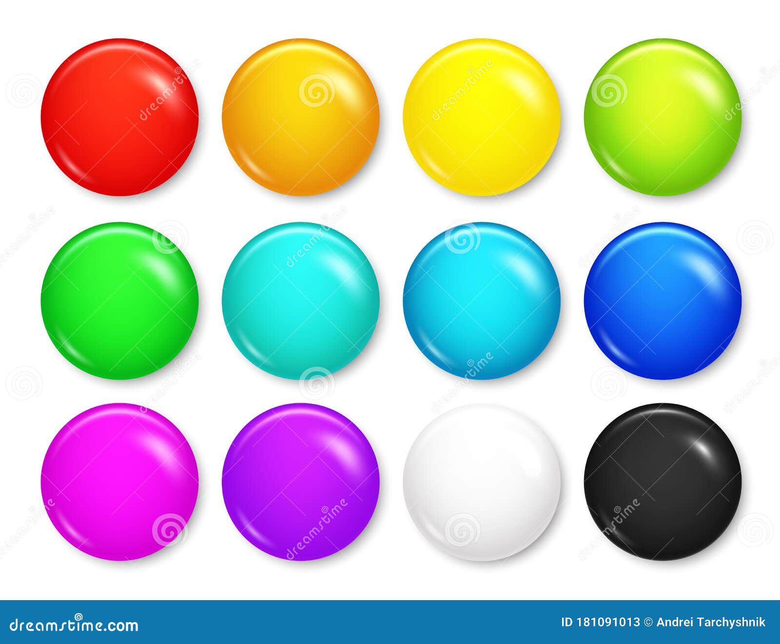 Realistic Blank Badges Collection. Colorful 3D Glossy Round Button. Pin ... Realistic Blank Badges Collection. Colorful 3D Glossy Round Button. Pin ...