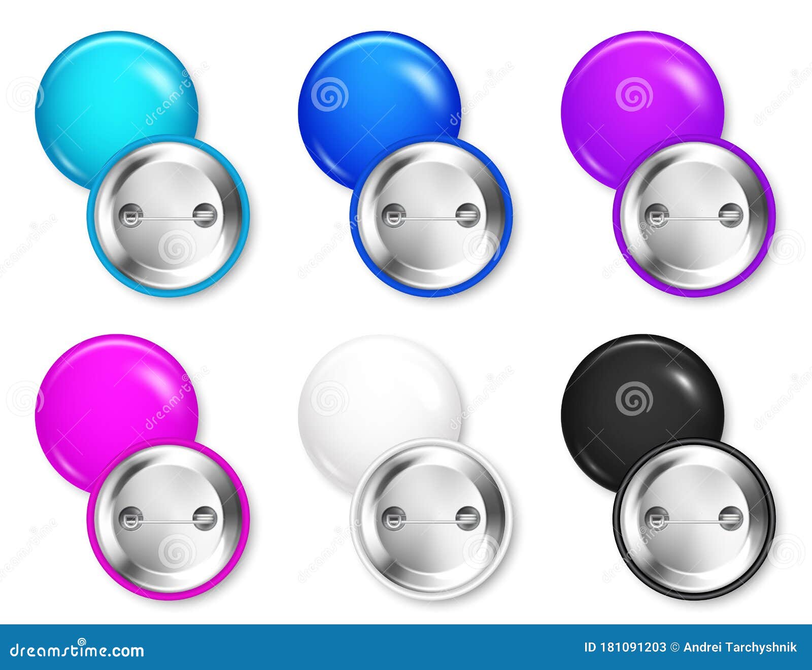 Realistic Blank Badges Collection. Colorful 3D Glossy Round Button. Pin ... Realistic Blank Badges Collection. Colorful 3D Glossy Round Button. Pin ...