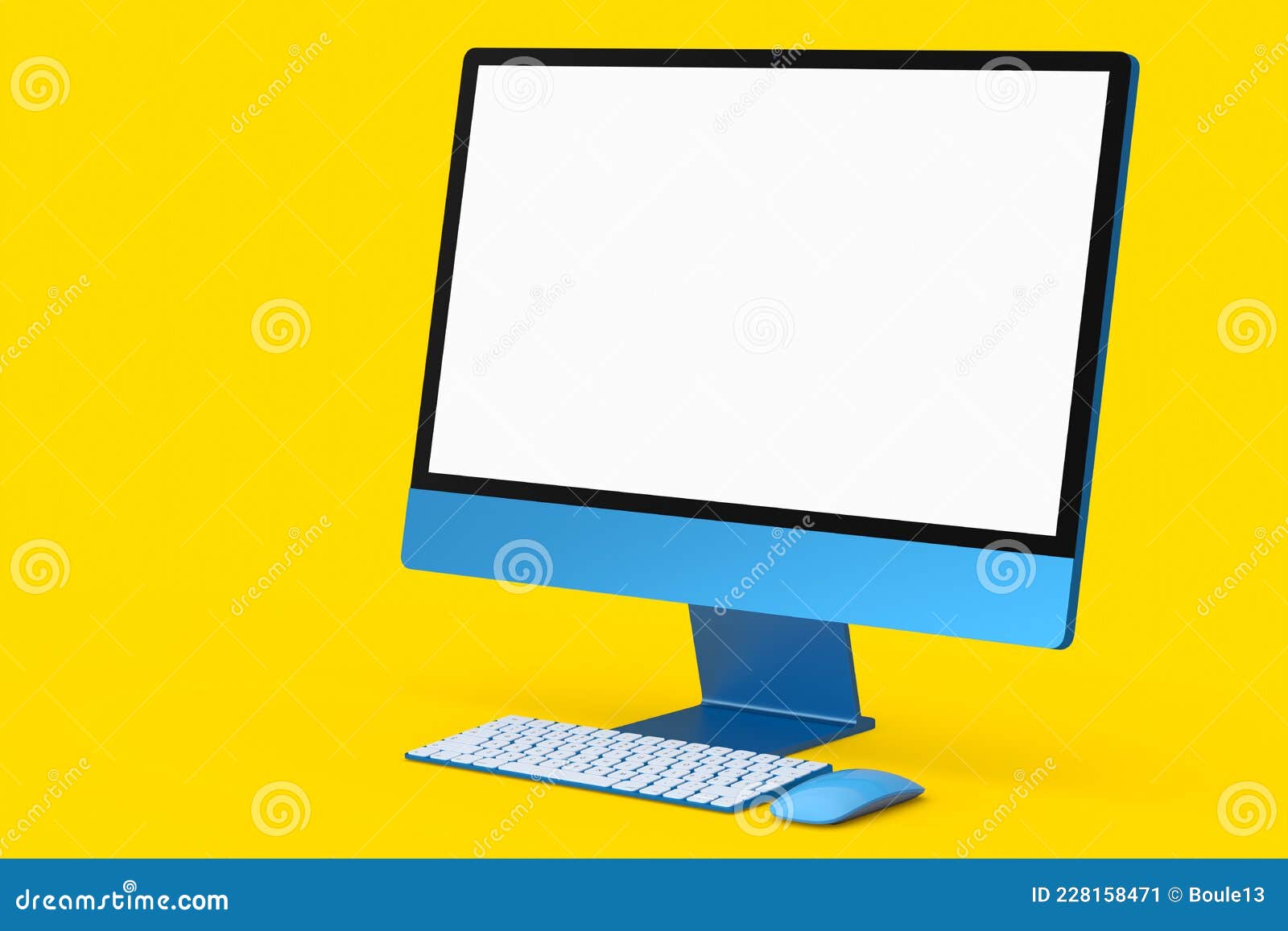 Realistic Blue Computer Screen Display with Keyboard and Mouse on ...