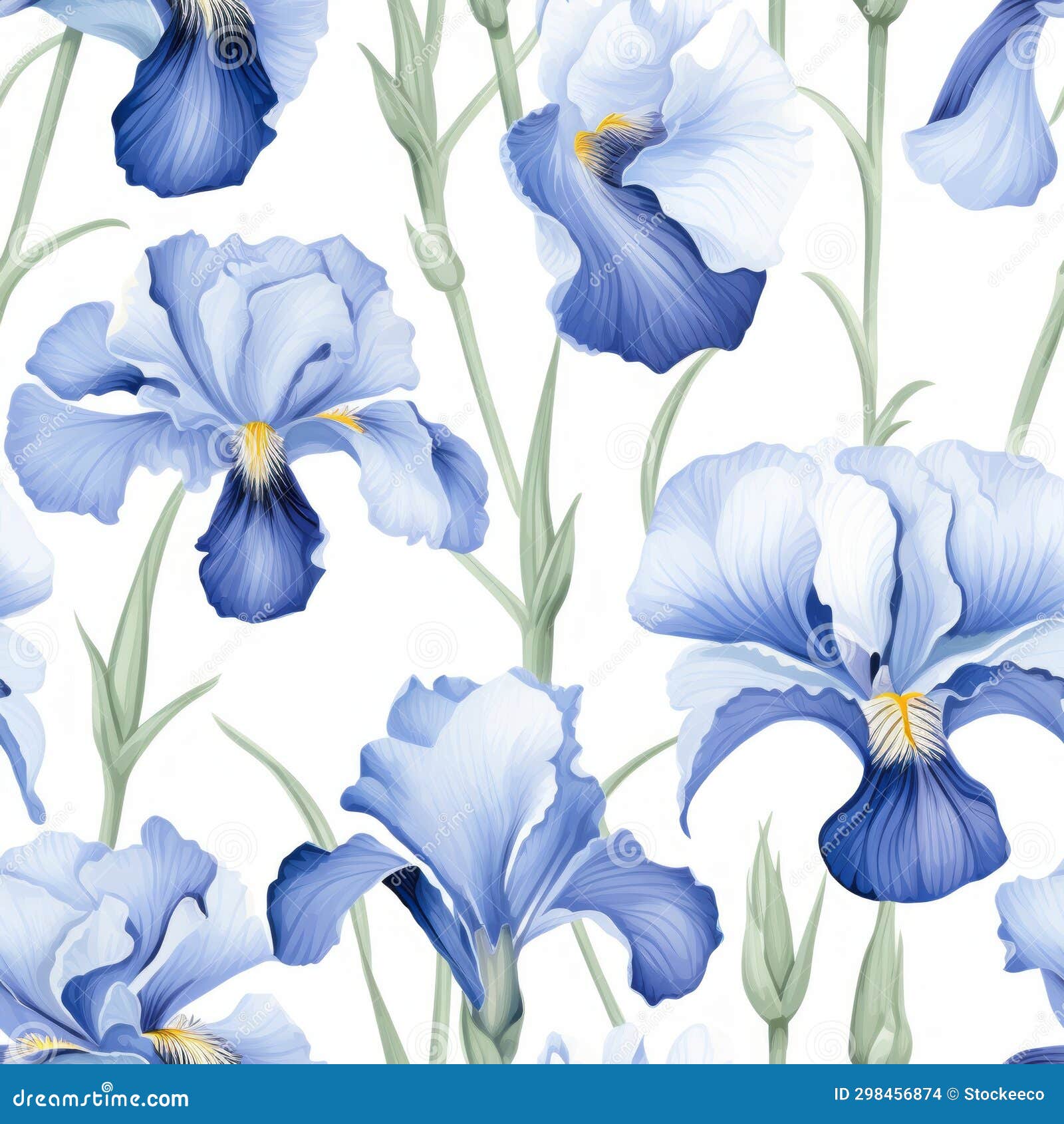 Realistic Blue Iris Floral Seamless Pattern on White Background Stock ...