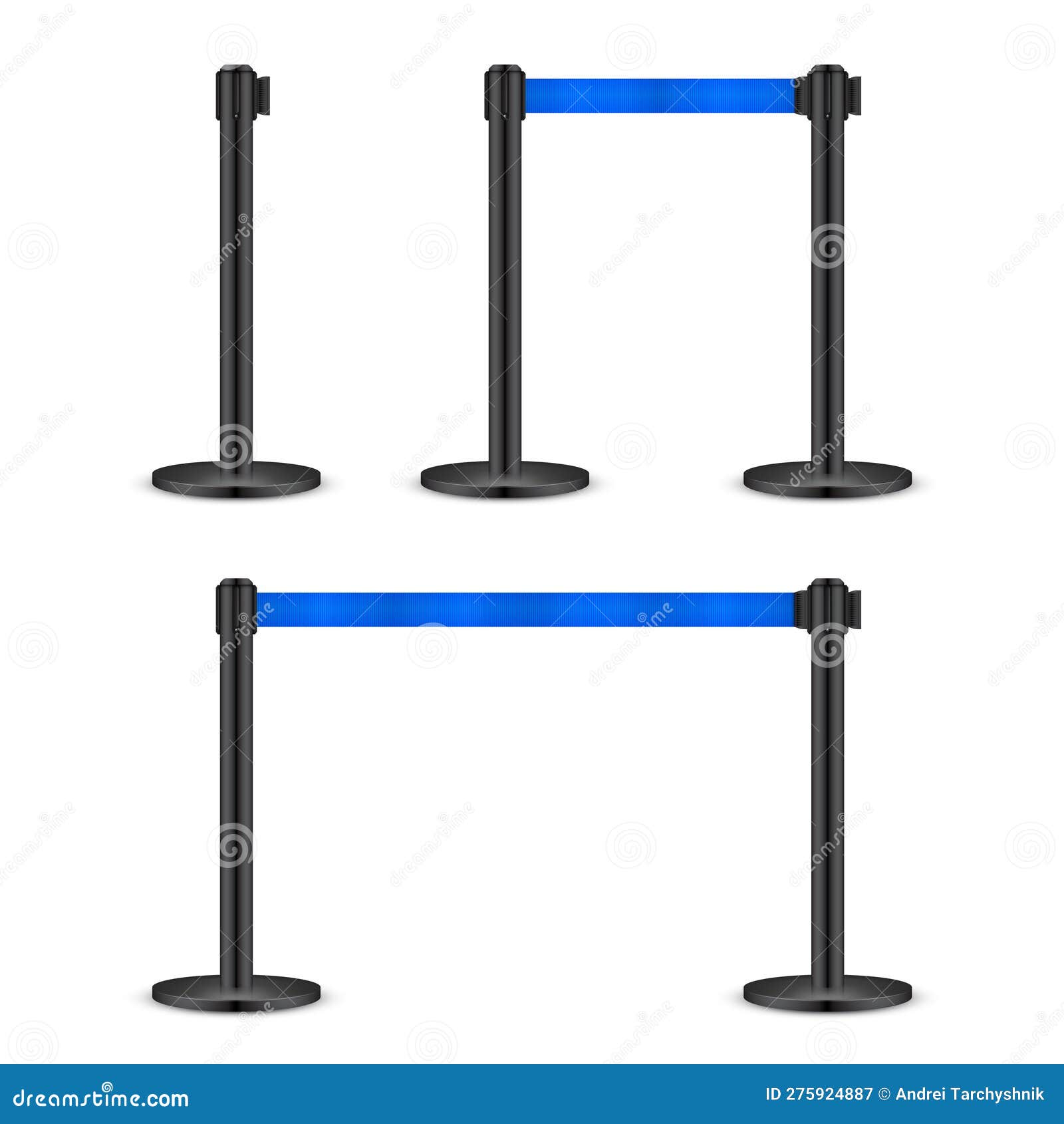 Realistic Blue Retractable Belt Stanchion. Crowd Control Barrier Posts with Caution Strap. Queue ...
