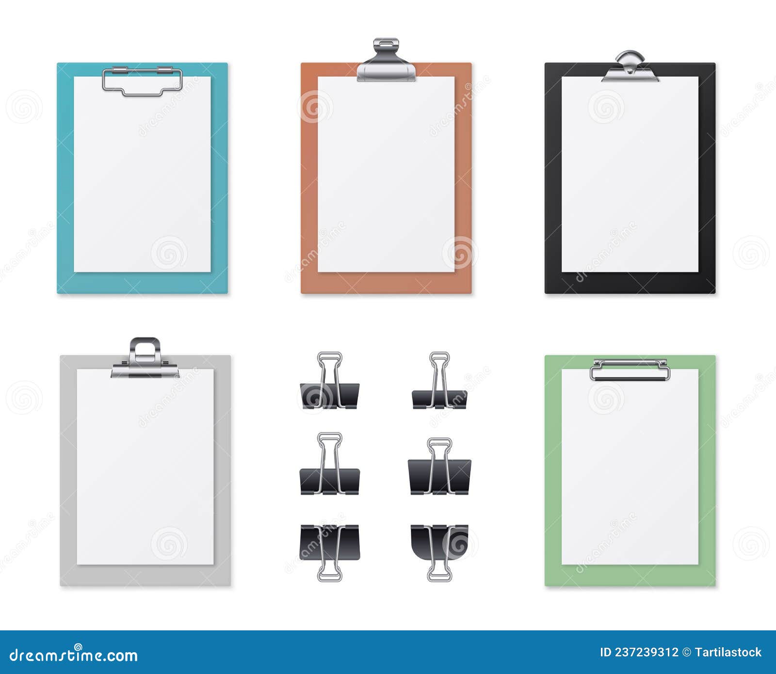 Realistic Board Tablets with Blank White Papers and Clips. Clipboards ...