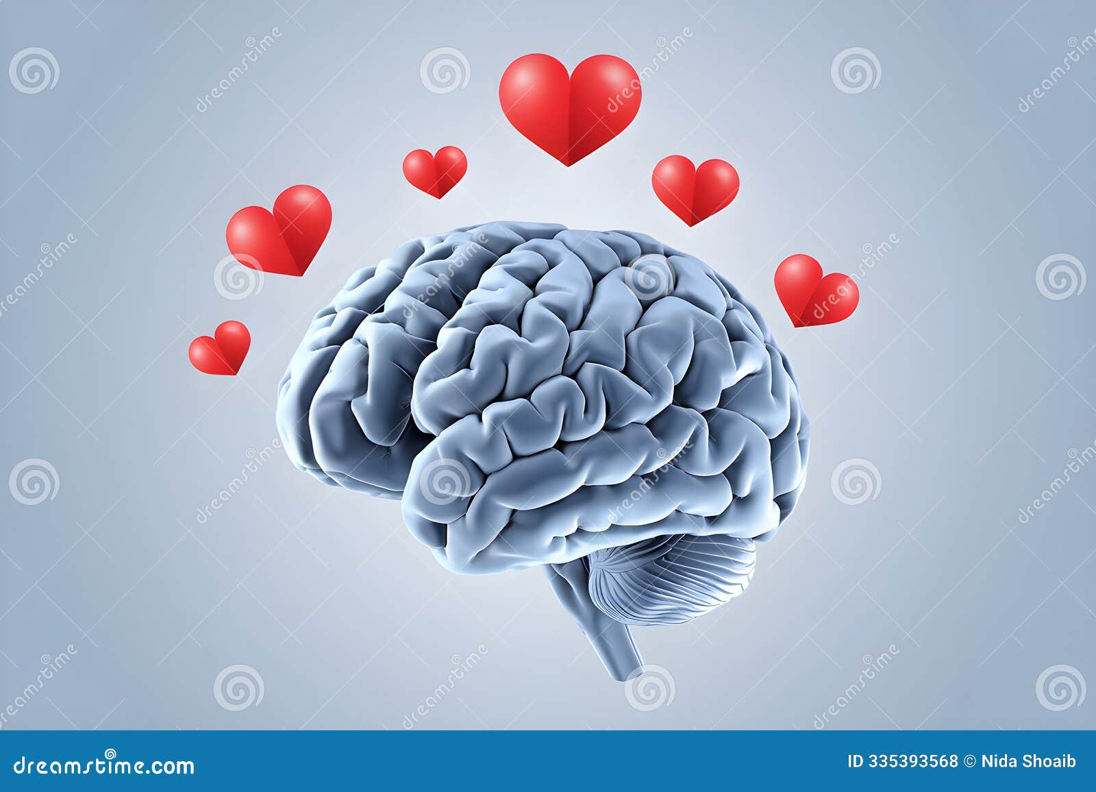 Realistic Brain on Light Blue Background, with Floating Red Hearts ...