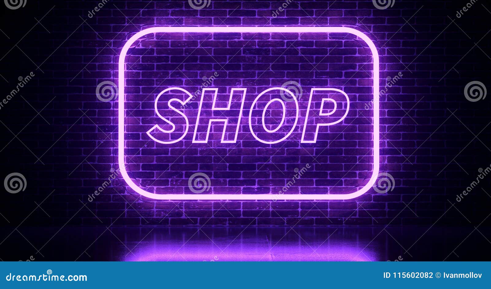 Realistic Brick Wall with Neon Shop Sign. 3d Rendering Stock ...