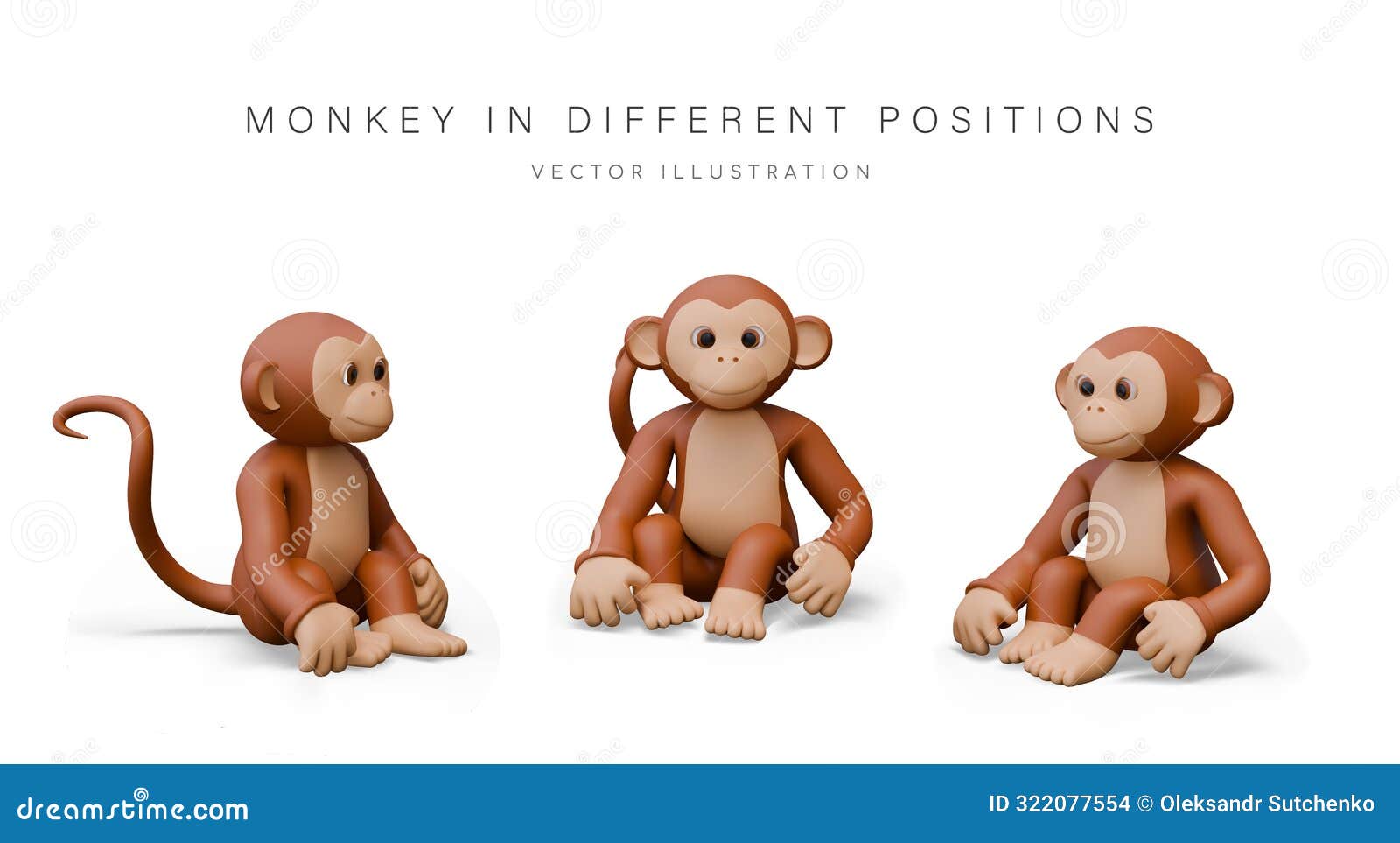 Realistic Brown Monkey in Different Positions. Funny Macaque in Cartoon ...