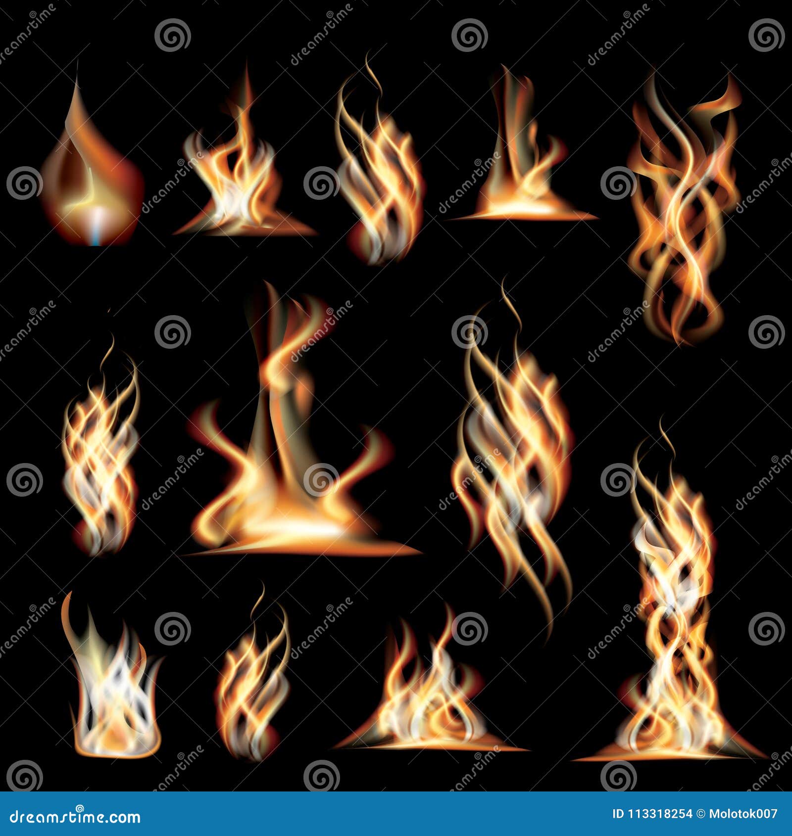 Realistic Burning Fire Flames Set. Stock Vector - Illustration of ...