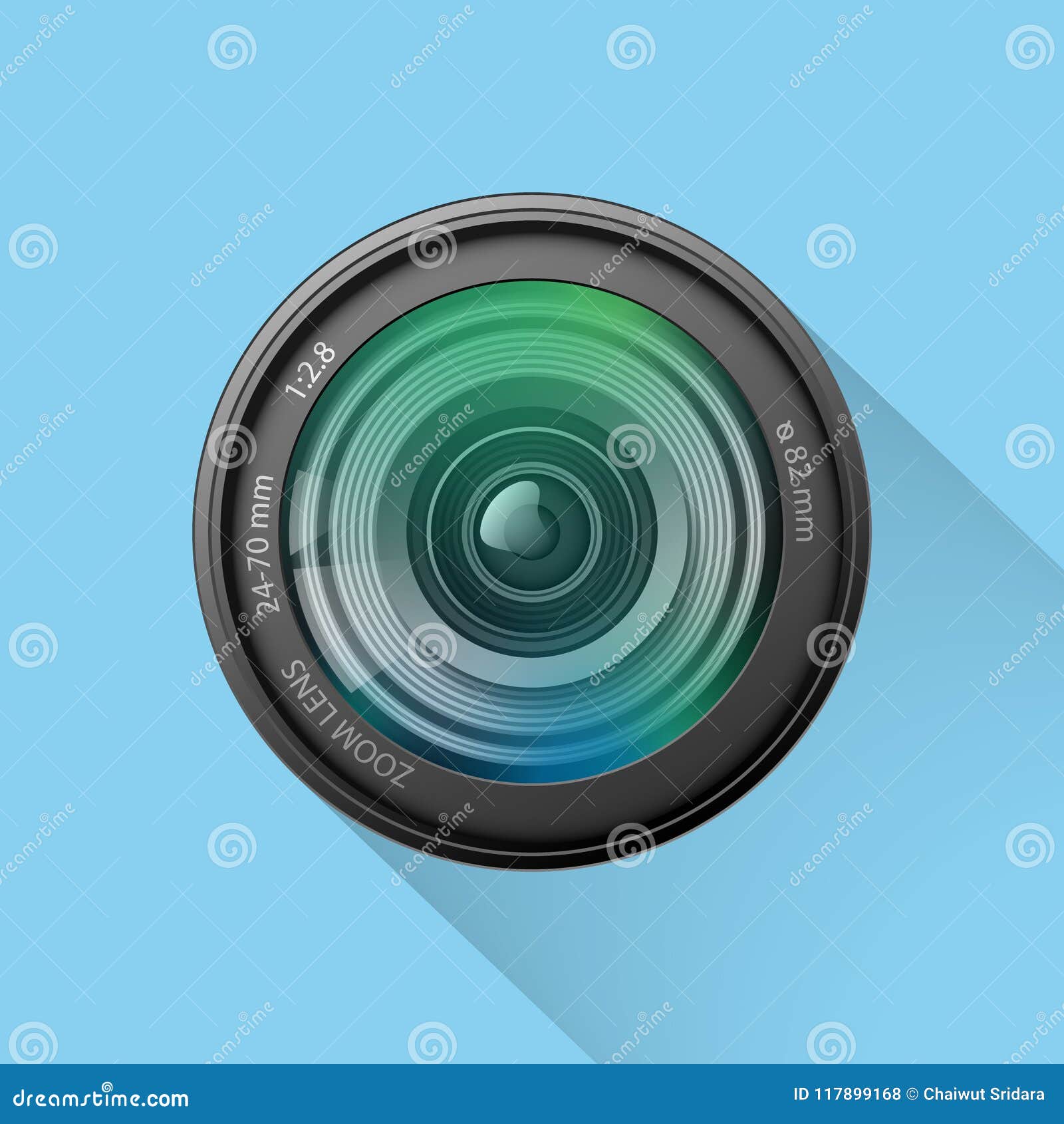 Realistic Camera Lens Icon on Blue Background, Vector Illustration ...