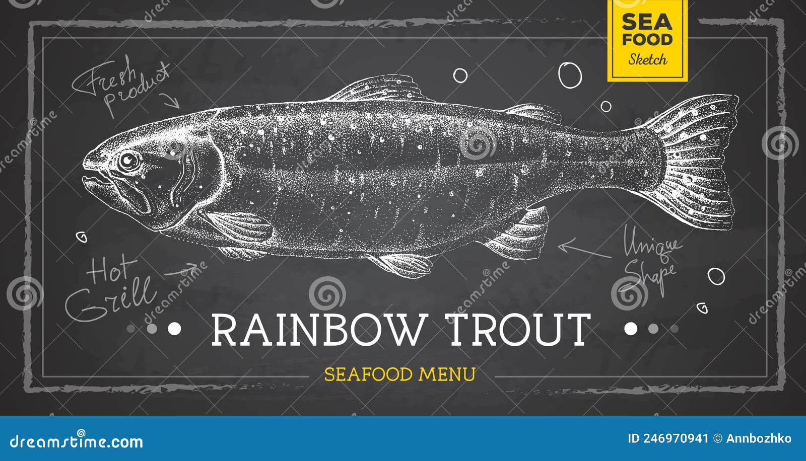 Realistic Chalk Drawing Rainbow Trout Fish. Seafood Menu Design Stock ...