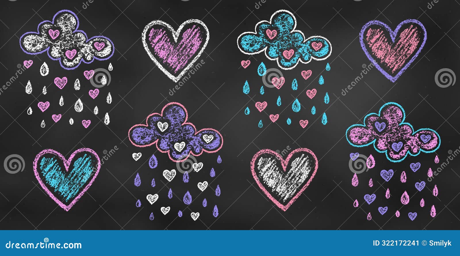 Realistic Chalk Drawn Sketch. Set of Design Elements Cloud with Rain of ...