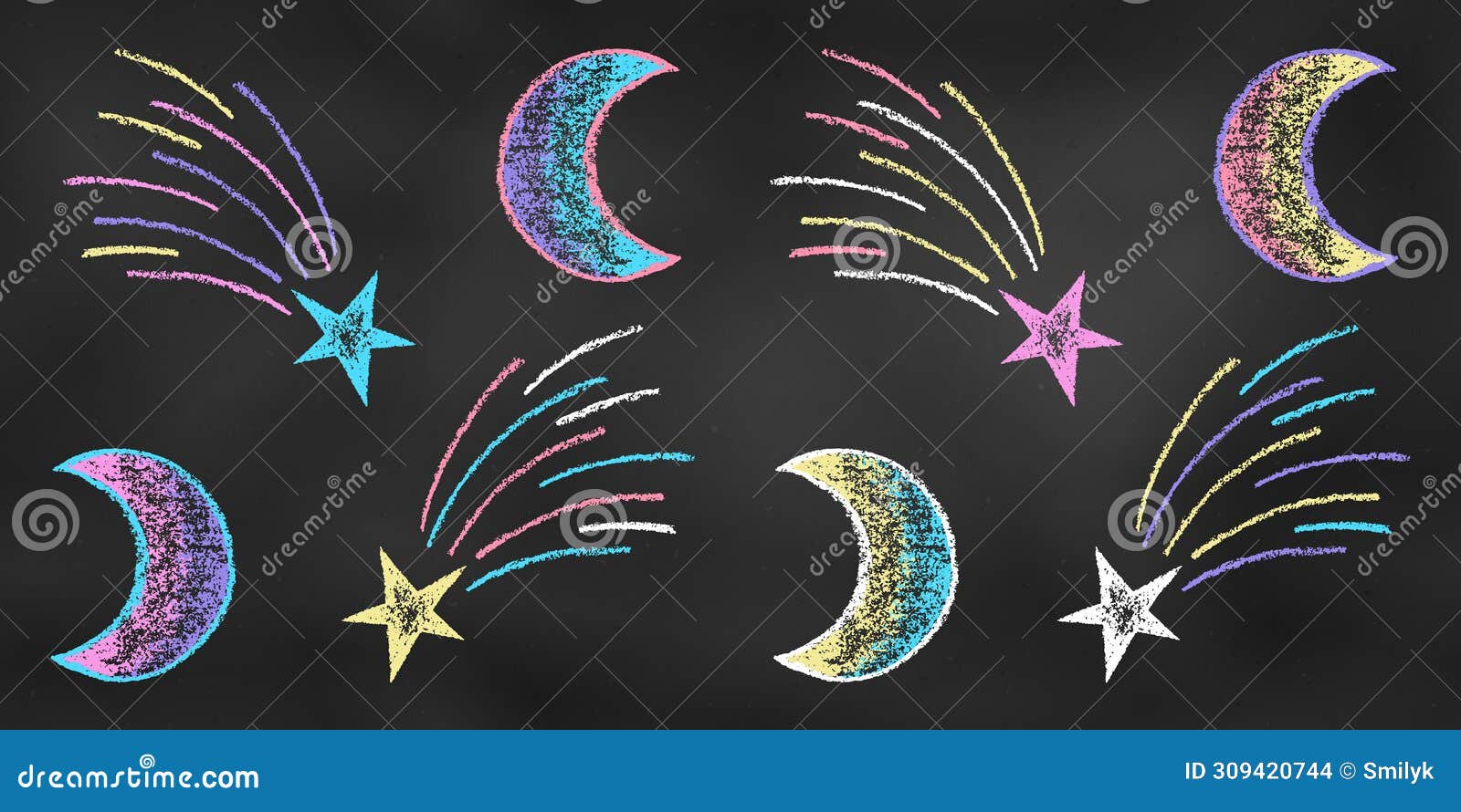 Realistic Chalk Drawn Sketch. Set of Design Elements Stars and Moons ...