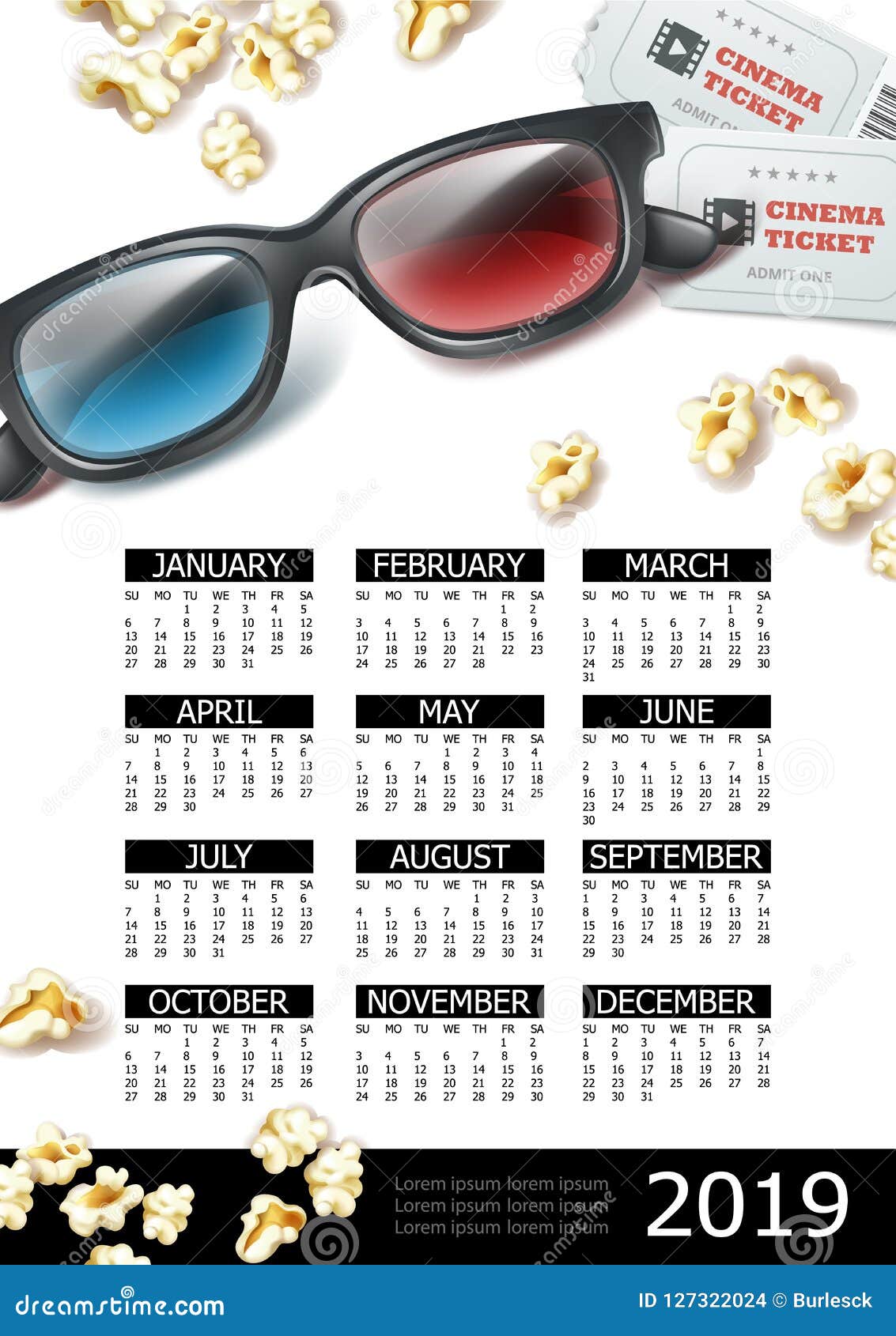 Realistic Cinema 2019 Year Calendar Template Stock Vector ...