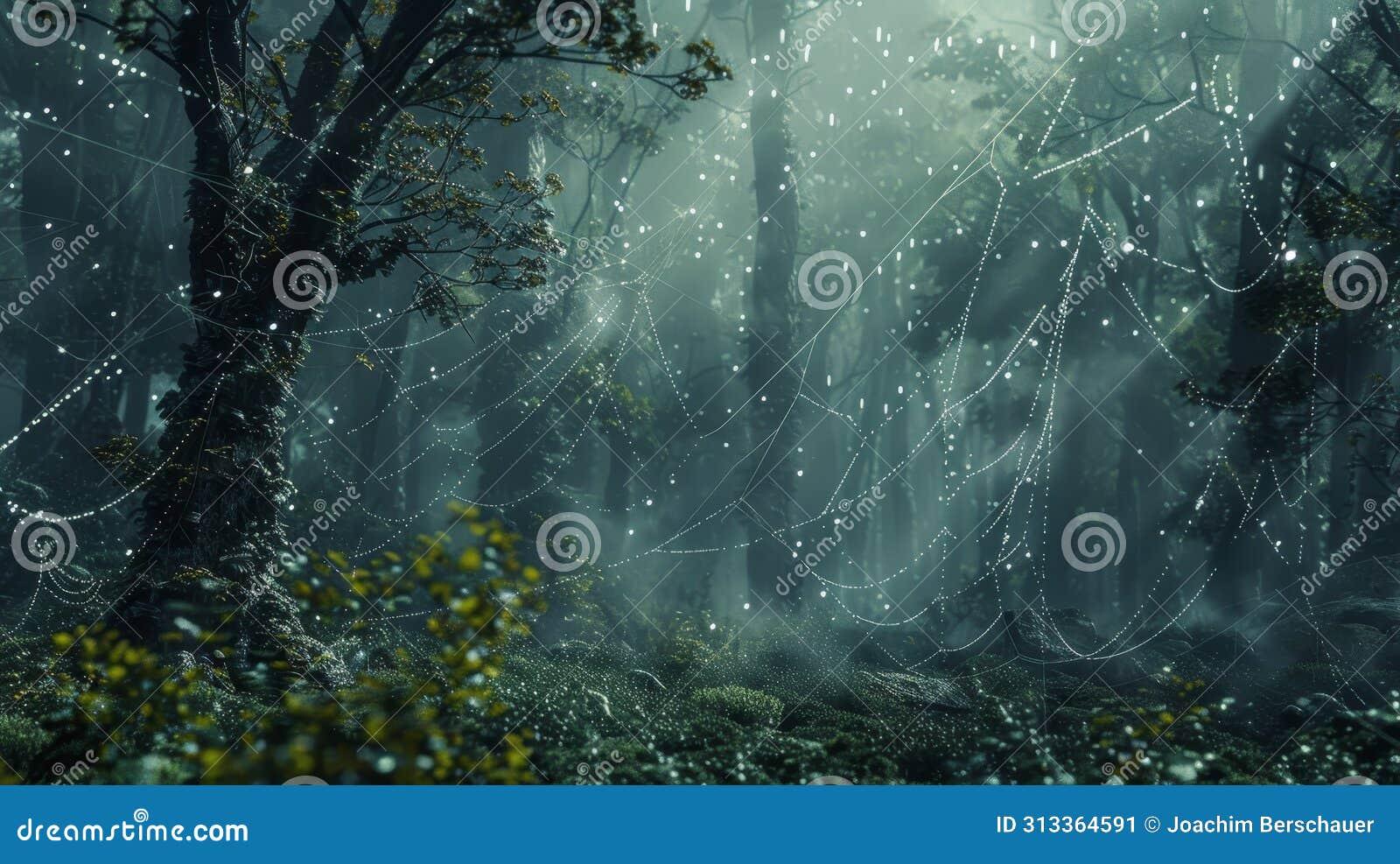 Realistic Cinematic Forest at Dawn with Mossy Trees and Dew Covered ...