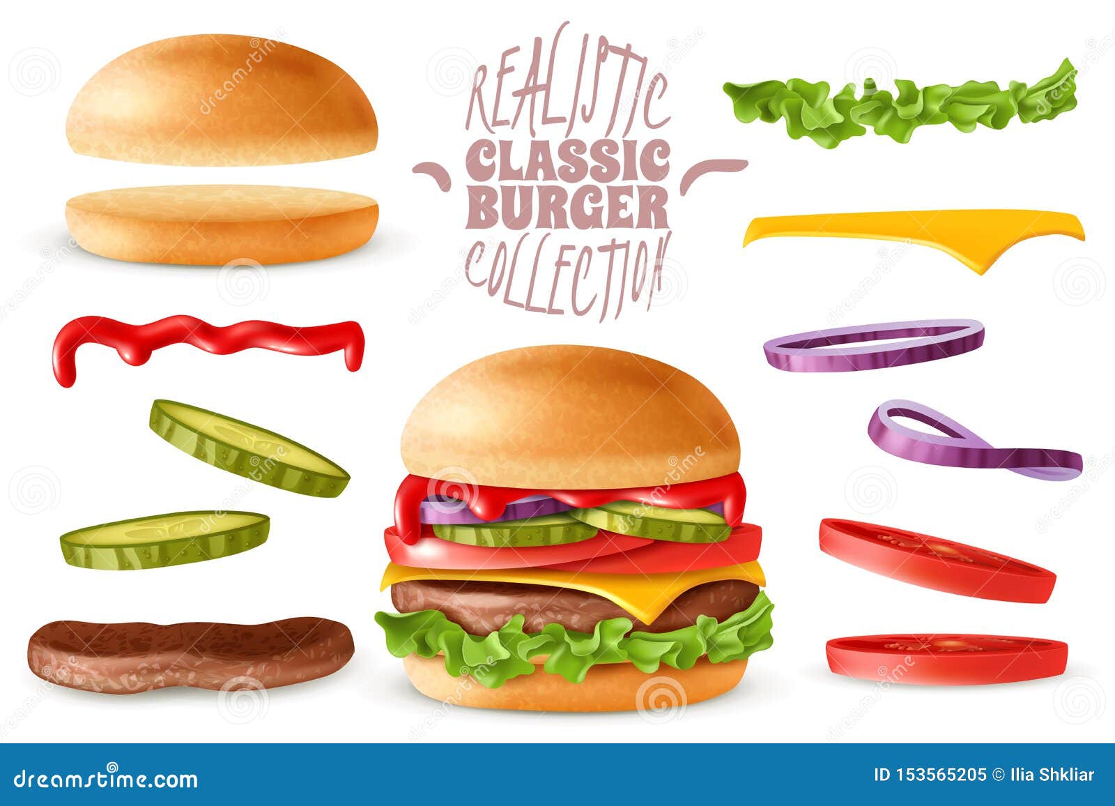 Realistic Classic Burger Elements Set Stock Vector - Illustration of ...