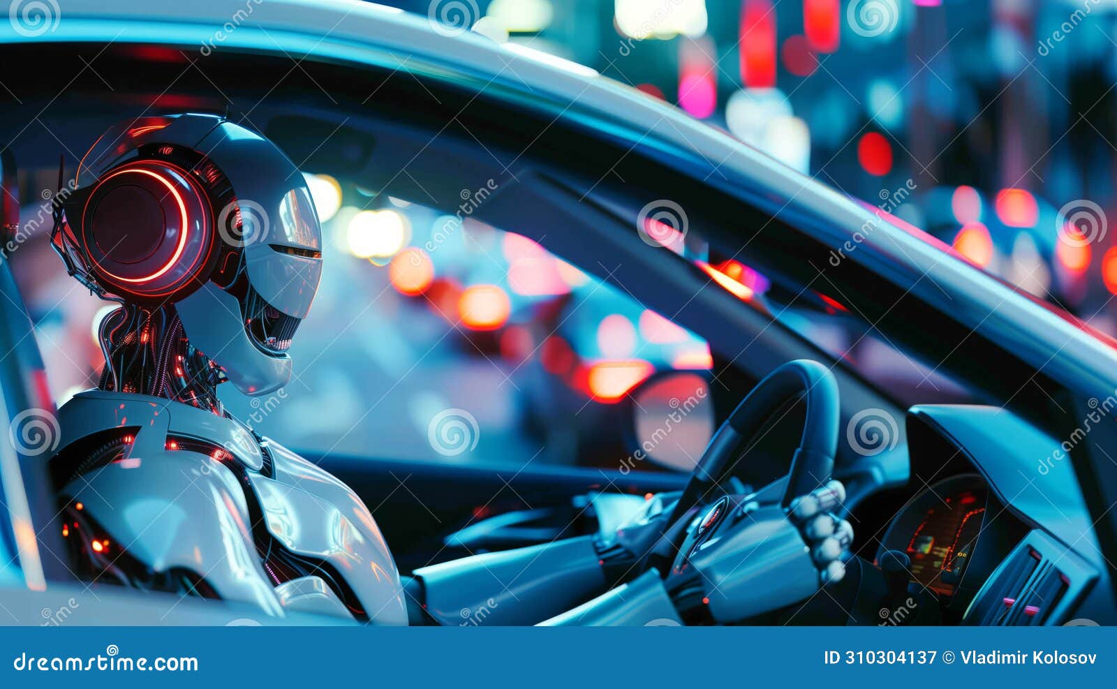 A Realistic Close-up of a Robot Driving a Car. Stock Illustration ...