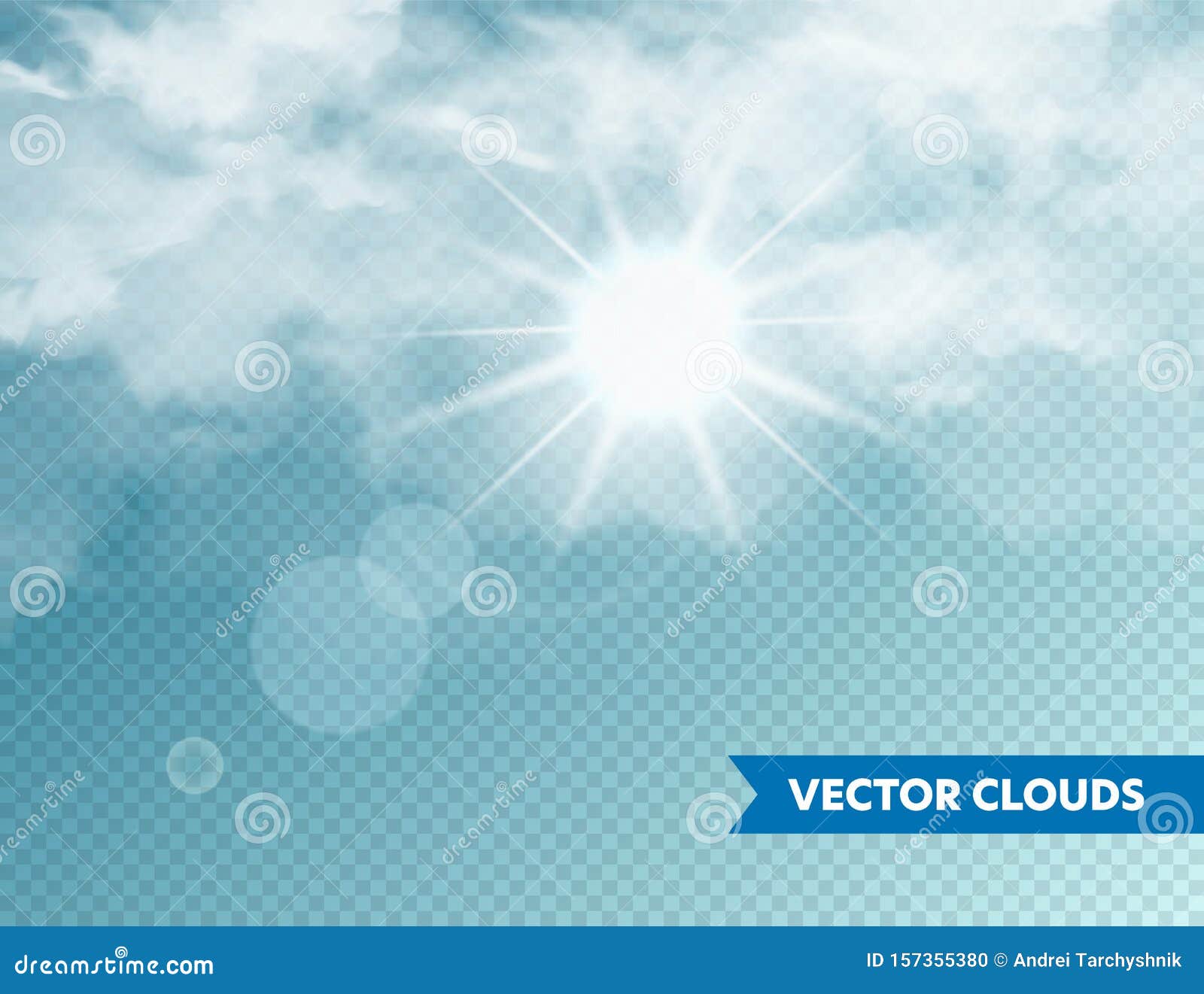Realistic Clouds with Sun Flare. Isolated Cloud on Blue Transparent ...