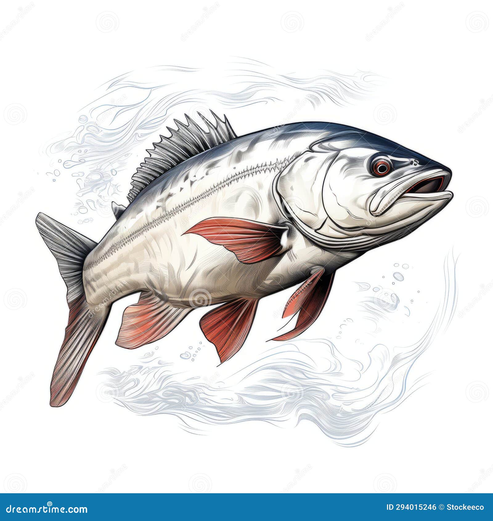 Dynamic Bass Fish Illustration with Sea Water in Light White and Light ...