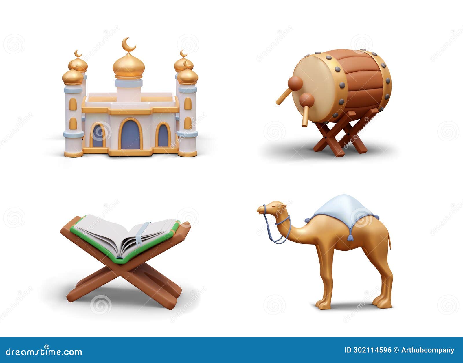 Realistic Collection of Muslim Religious Items. Mosque with Golden ...