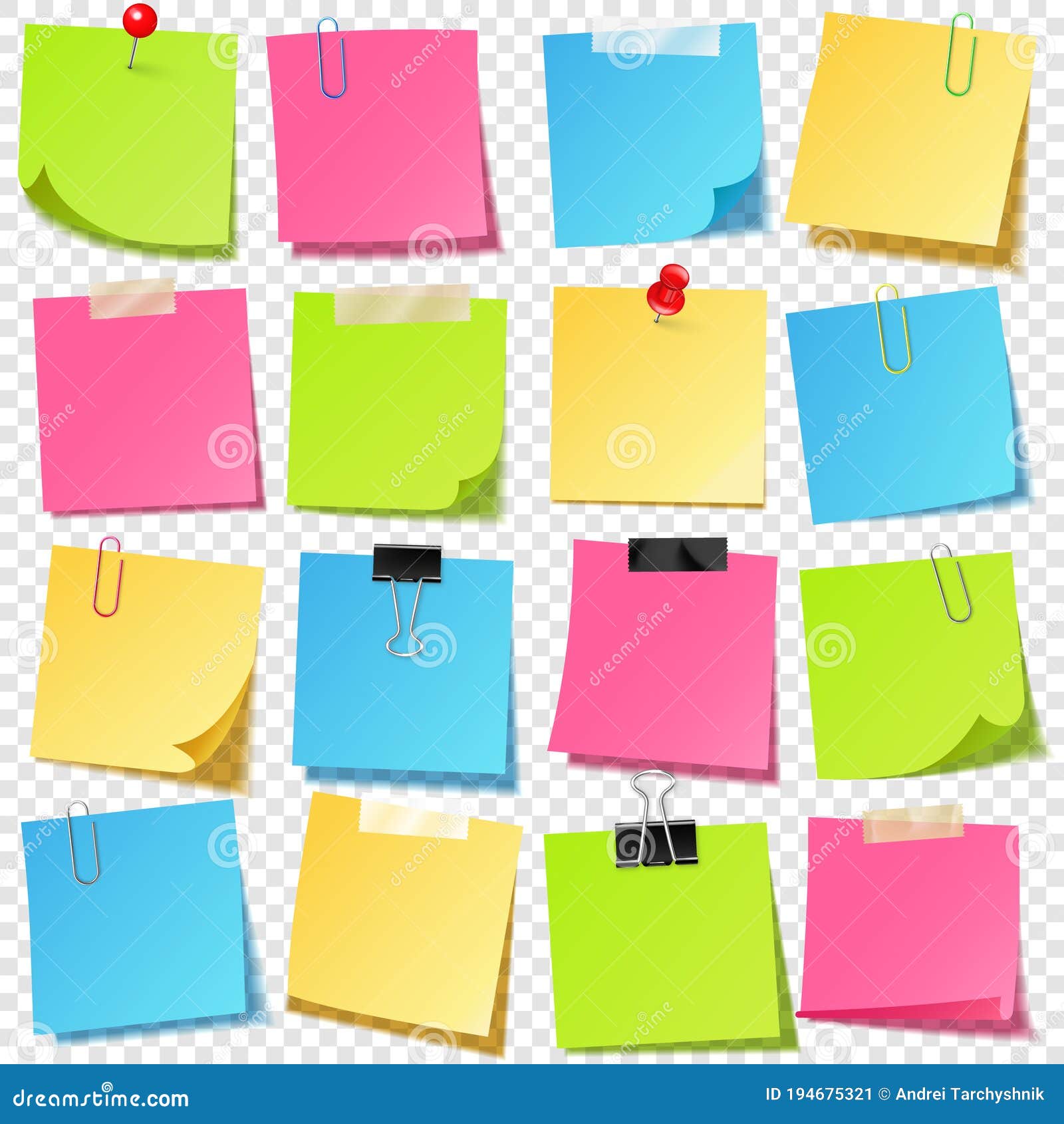 Realistic Colorful Blank Sticky Notes with Clip Binder. Colored Sheets ...