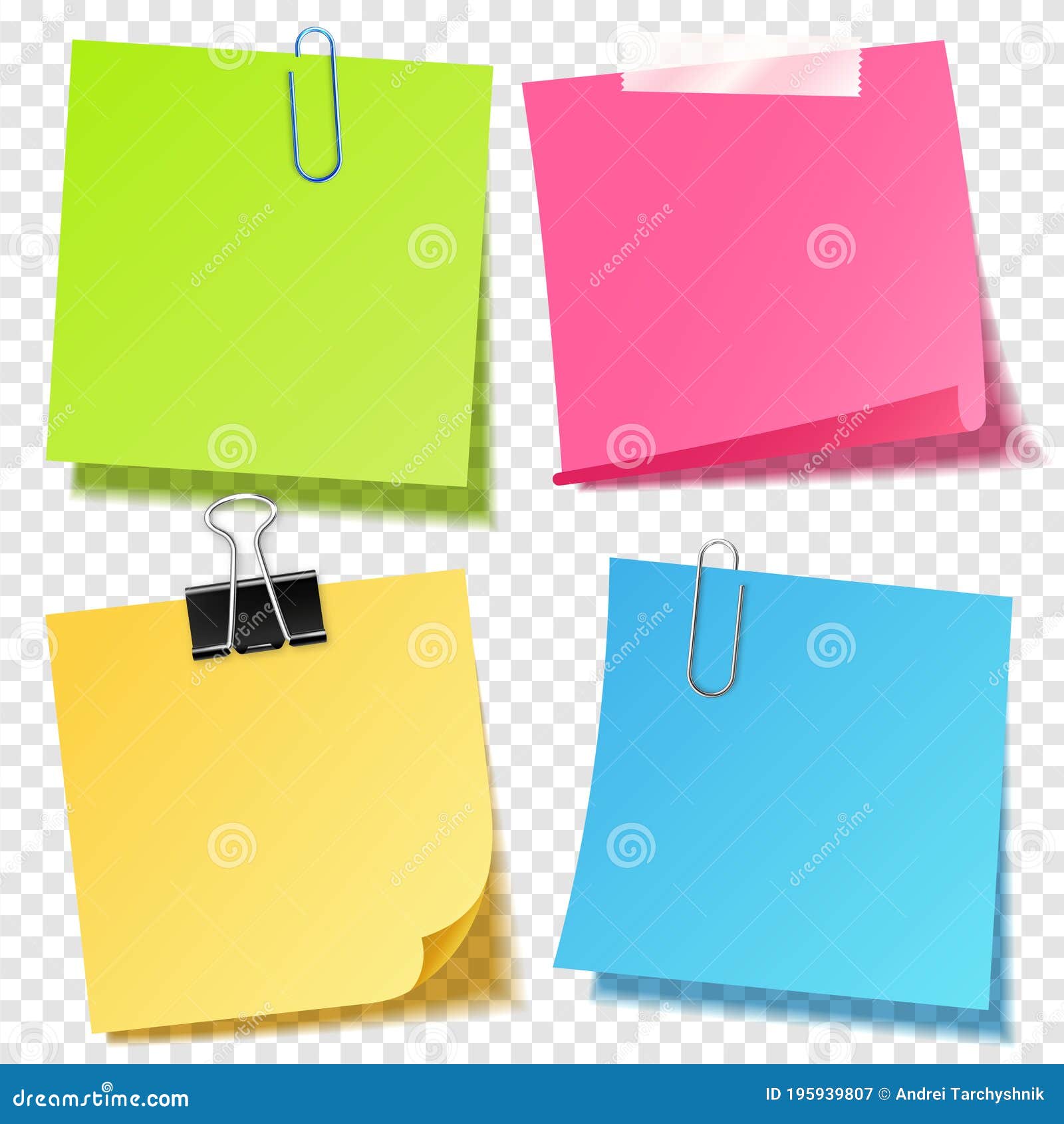 Realistic Colorful Blank Sticky Notes with Clip Binder. Colored Sheets ...