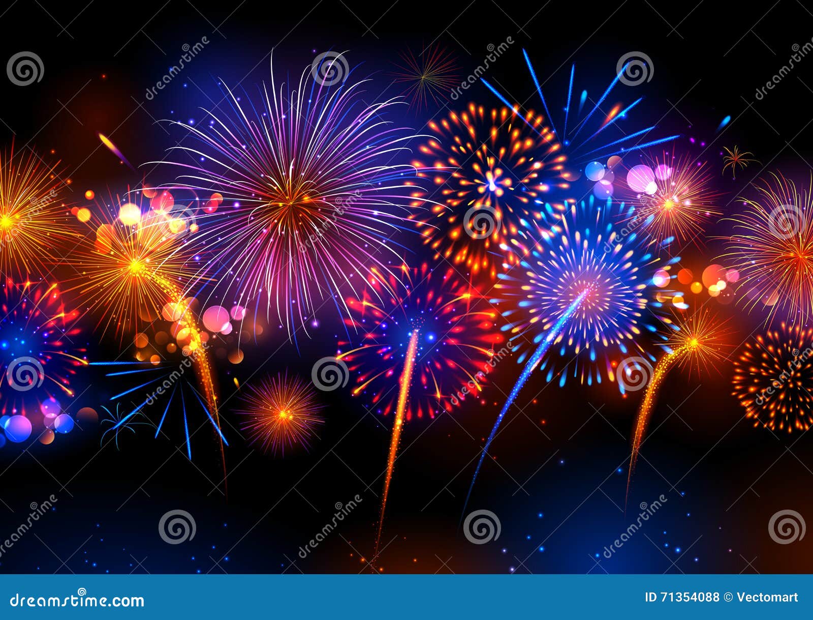 Colorful Fireworks On Black Background. Night Sky With Stars And ...
