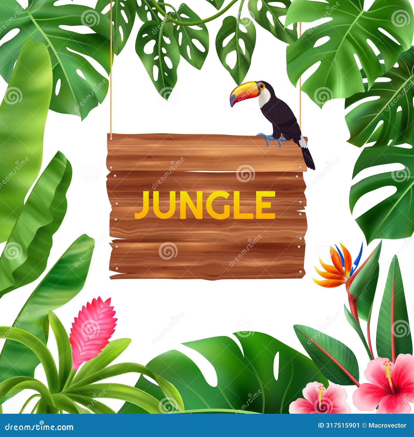 Realistic Colorful Jungle Frame with Tropical Leaves Stock Illustration ...