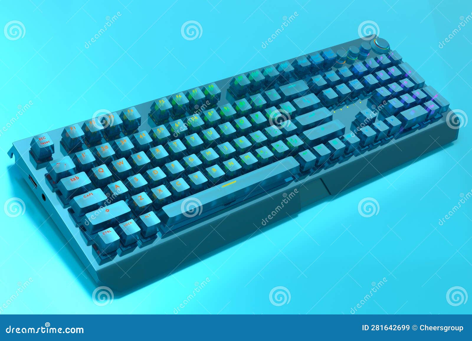 Realistic Computer Keyboard with Blue Chrome Texture Isolated on Blue ...