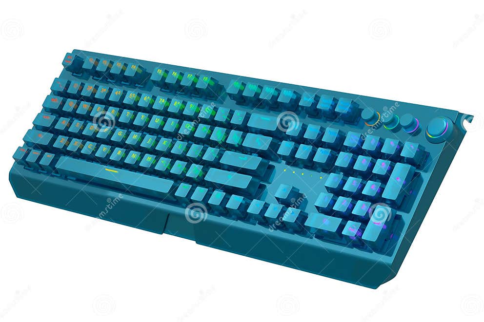 Realistic Computer Keyboard with Blue Chrome Texture Isolated on White ...