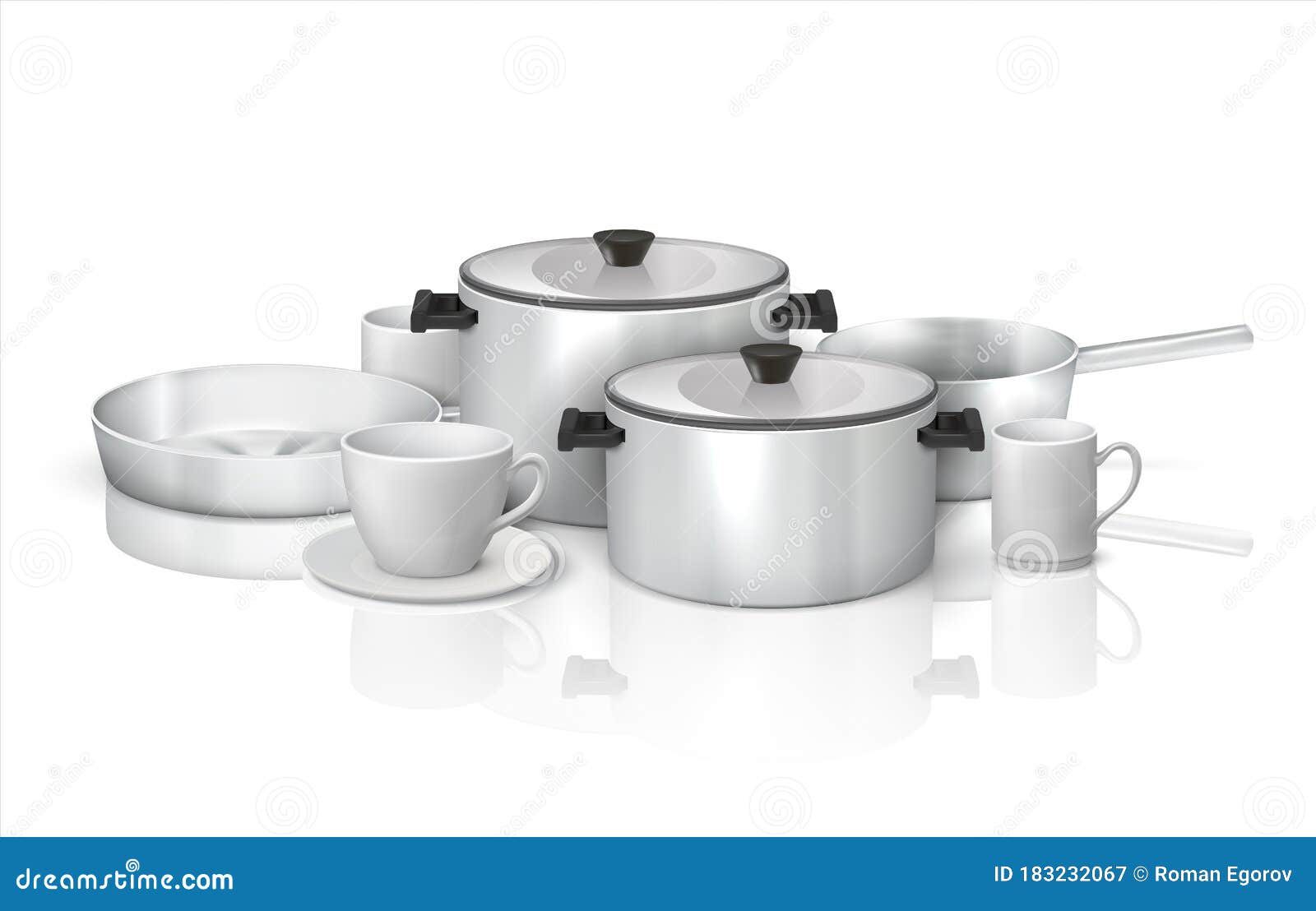 Realistic Cookware. 3D Kitchen Utensils and Crockery, Steel Kitchenware ...