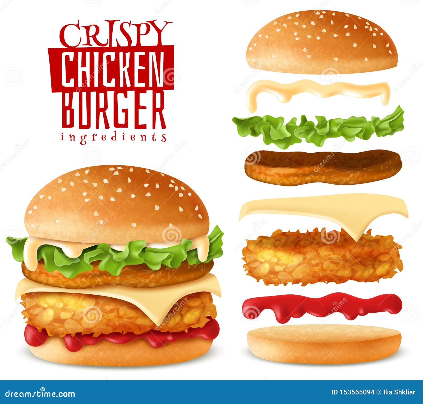 Realistic Crispy Chicken Burger Elements Set Stock Vector ...