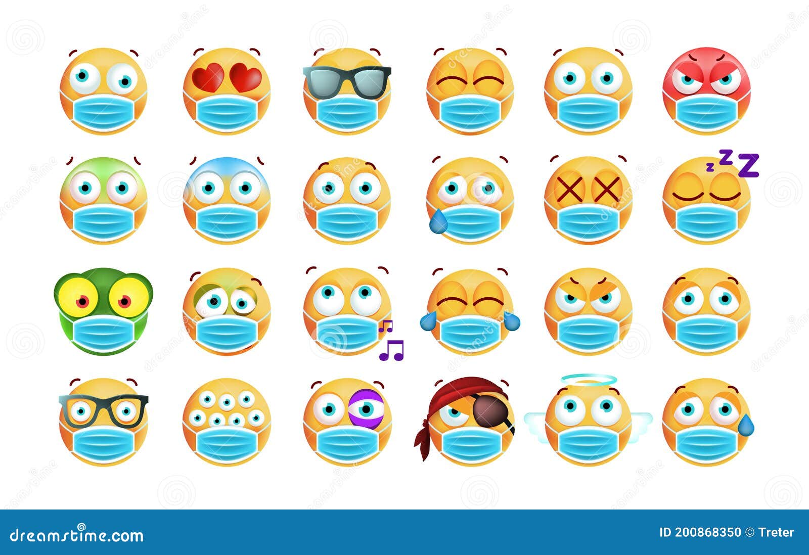 Realistic Cute Emoticon with Face Mask on White Background Stock ...