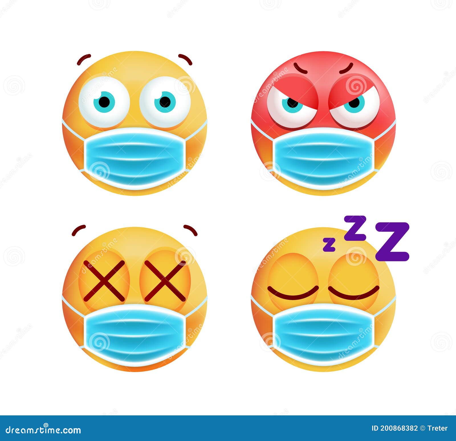 Realistic Cute Emoticon with Face Mask on White Background Stock ...