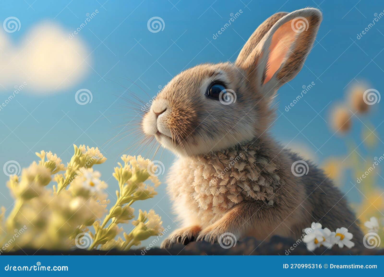Realistic Cute Rabbit Surrounded by the Flowers Blue Sky Background ...