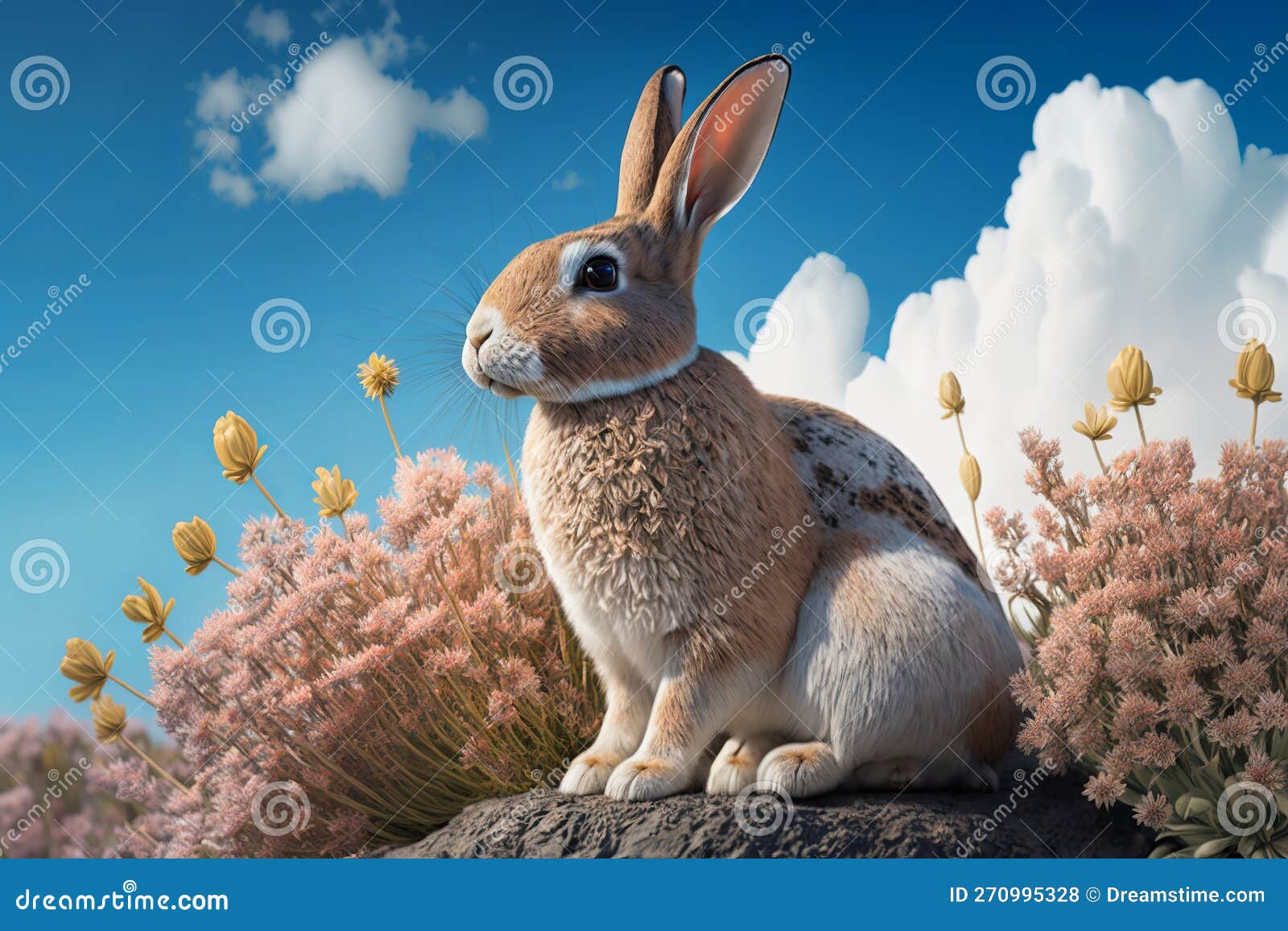 Realistic Cute Rabbit Surrounded by the Flowers Blue Sky Background ...