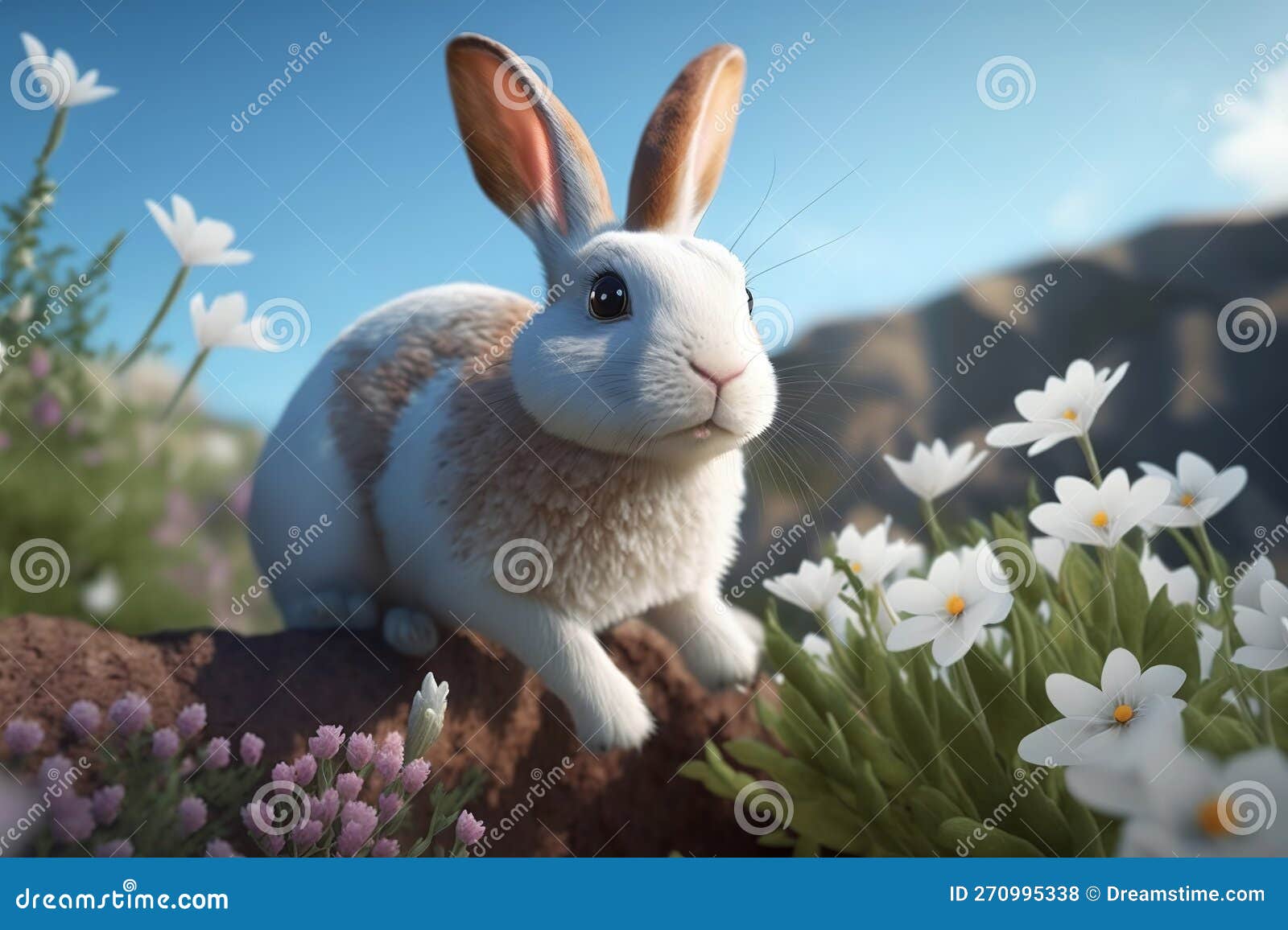 Realistic Cute Rabbit Surrounded by the Flowers Blue Sky Background ...