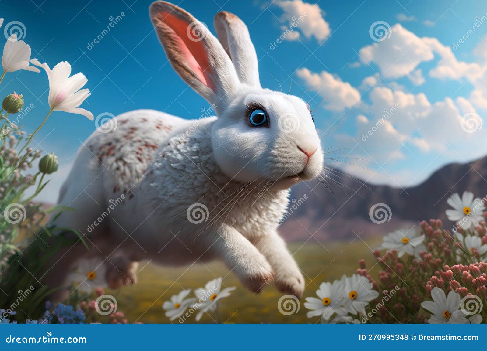Realistic Cute Rabbit Surrounded by the Flowers Blue Sky Background ...