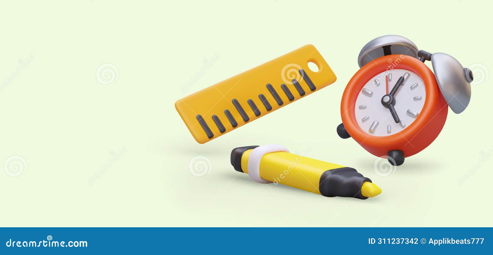 Realistic 3d Alarm Clock, Yellow Marker and Measuring Ruler. Elements ...