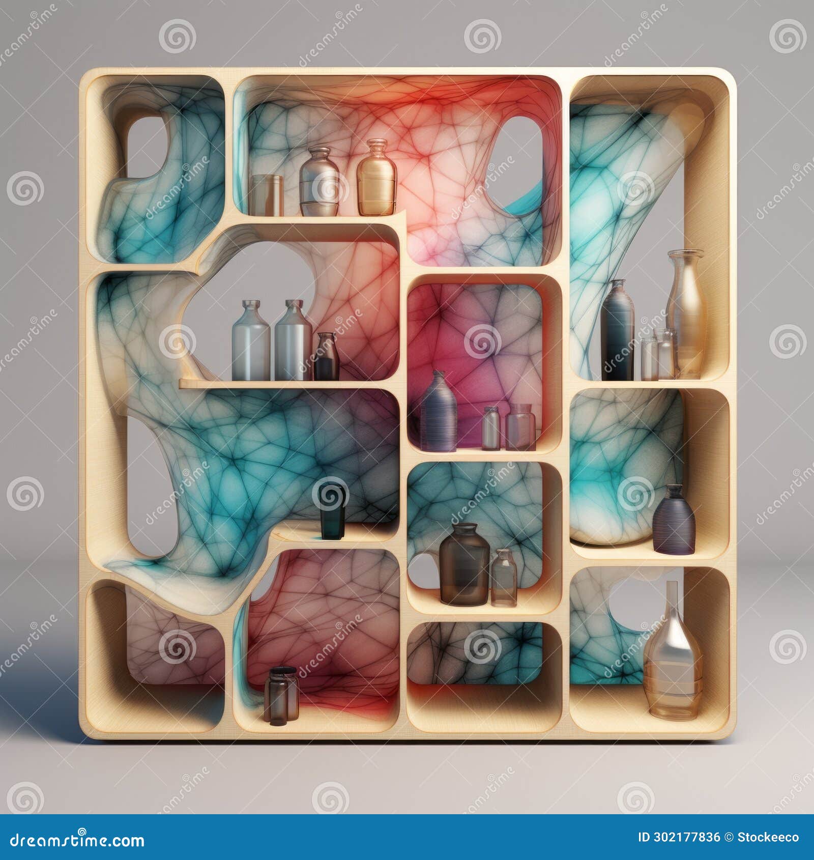 Realistic 3d Bookcase with Colorful Bottles and Textile Elements Stock ...