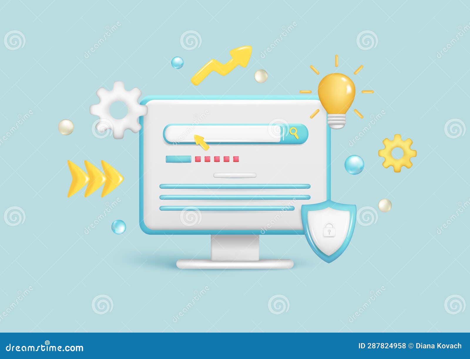 Realistic 3d Computer with Search Bar, Magnifying Glass, Arrow ...