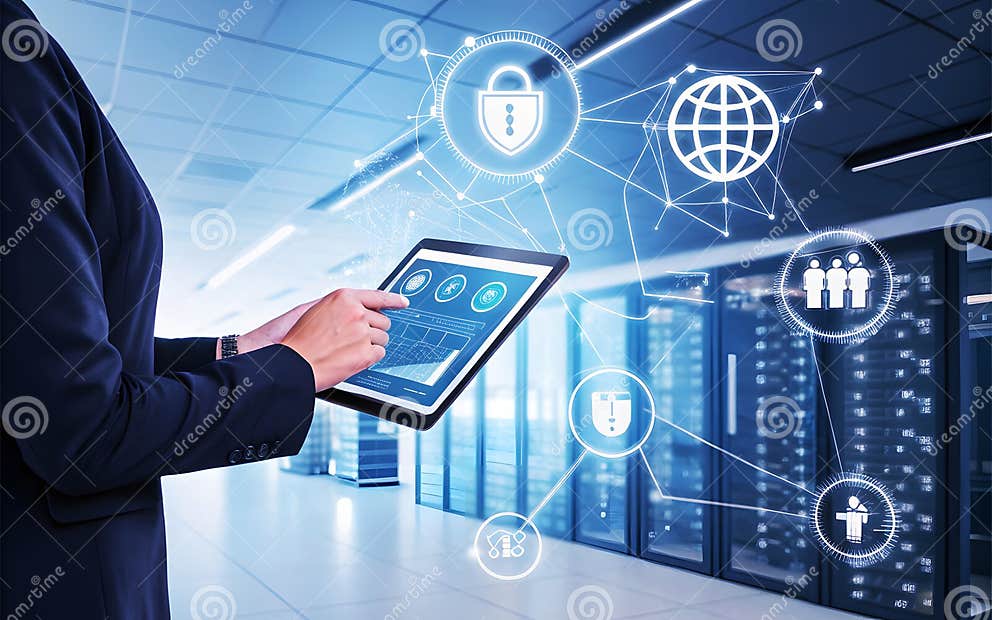 Realistic 3d Cyber Security. Business Using Tablet Technology and Icon ...